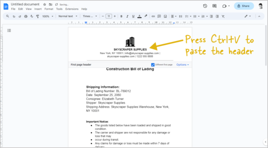 How to Put Header Only on the First Page in Google Docs