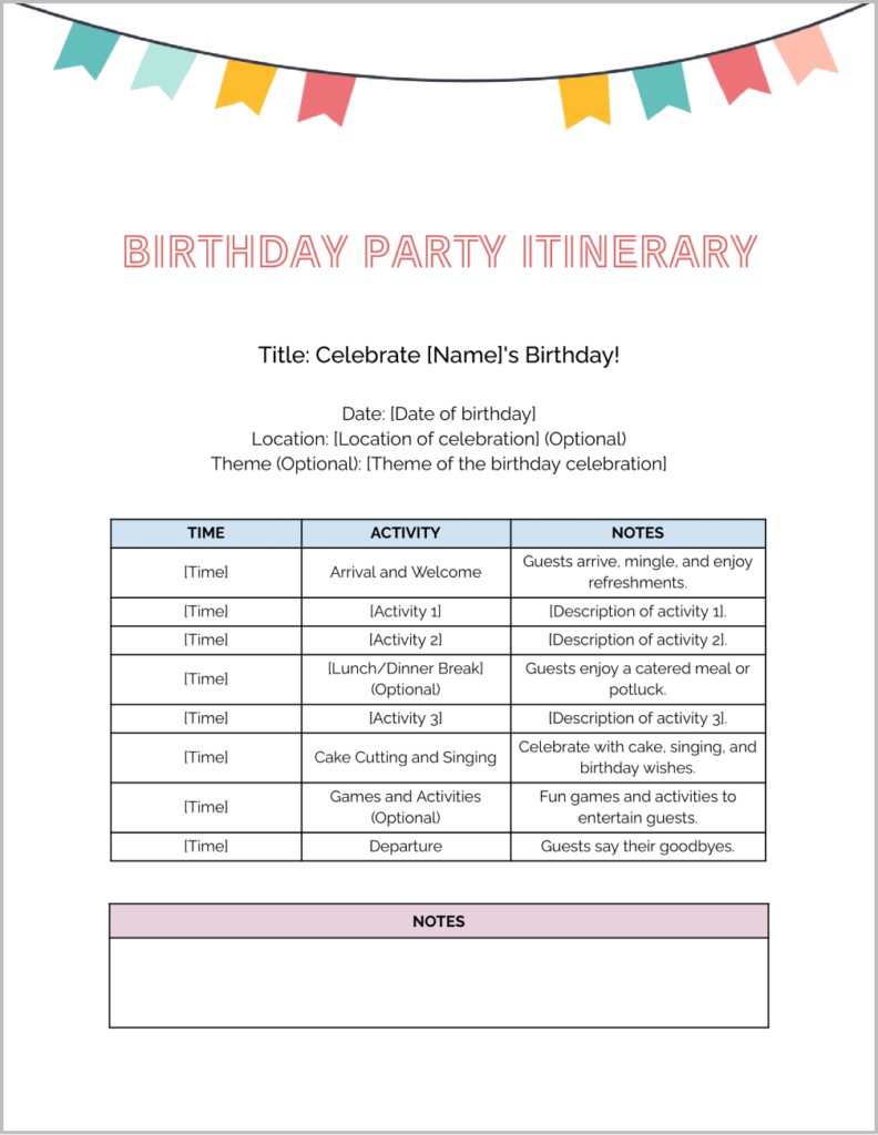 Free Birthday Party Itinerary Template for Google Docs