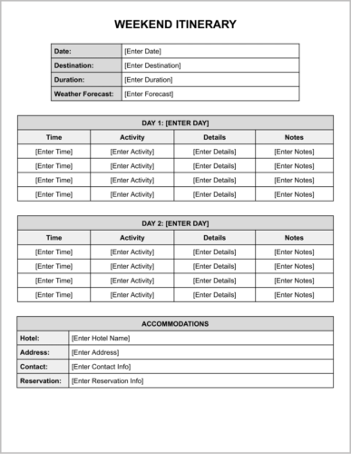 Free Weekend Itinerary Template for Google Docs