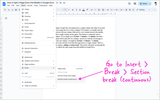 How to Split a Page Down the Middle in Google Docs