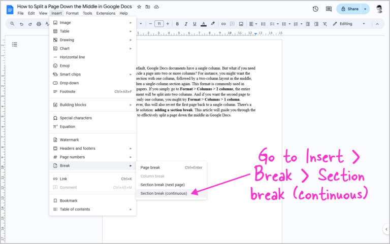 How to Split a Page Down the Middle in Google Docs