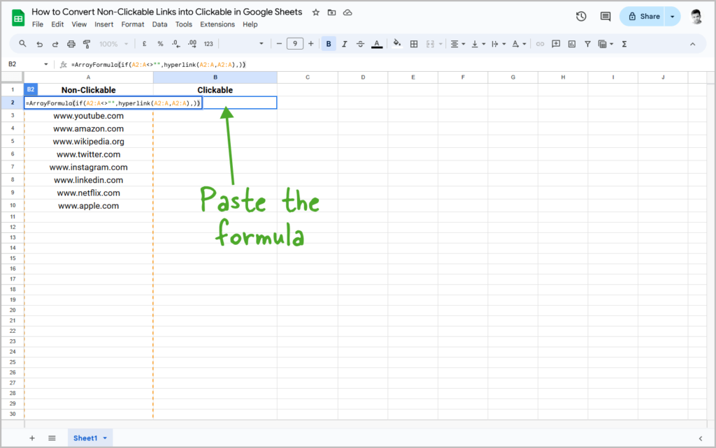 Convert Non-Clickable Links into Clickable in Google Sheets