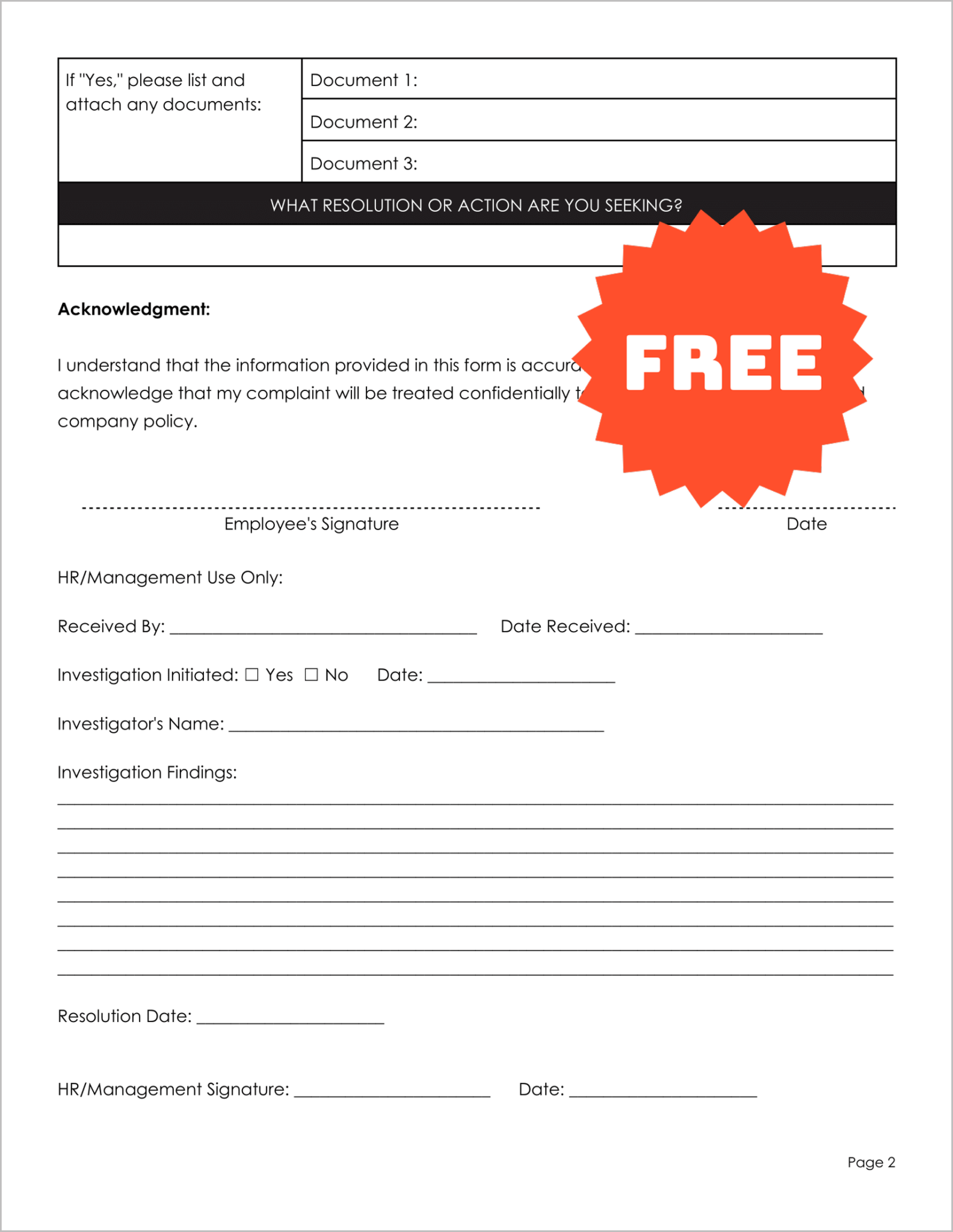 Free Editable Employee Complaint Form Template