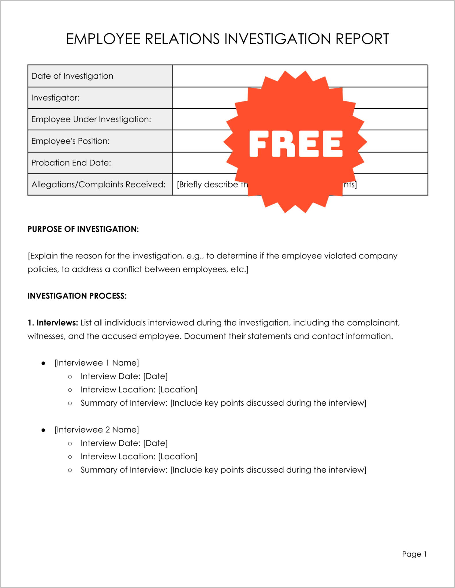 Free Editable Employee Relations Investigation Report Template