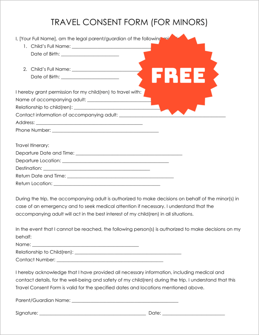 Free Editable Travel Consent Form Template