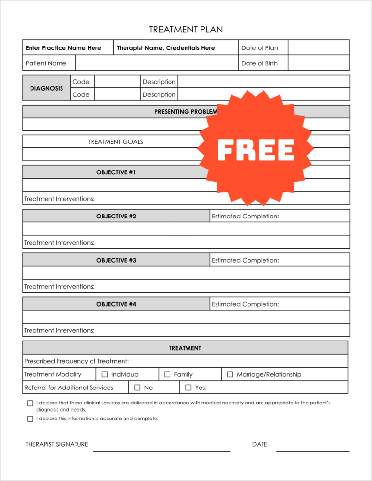 Free Editable Treatment Plan Template for Therapists