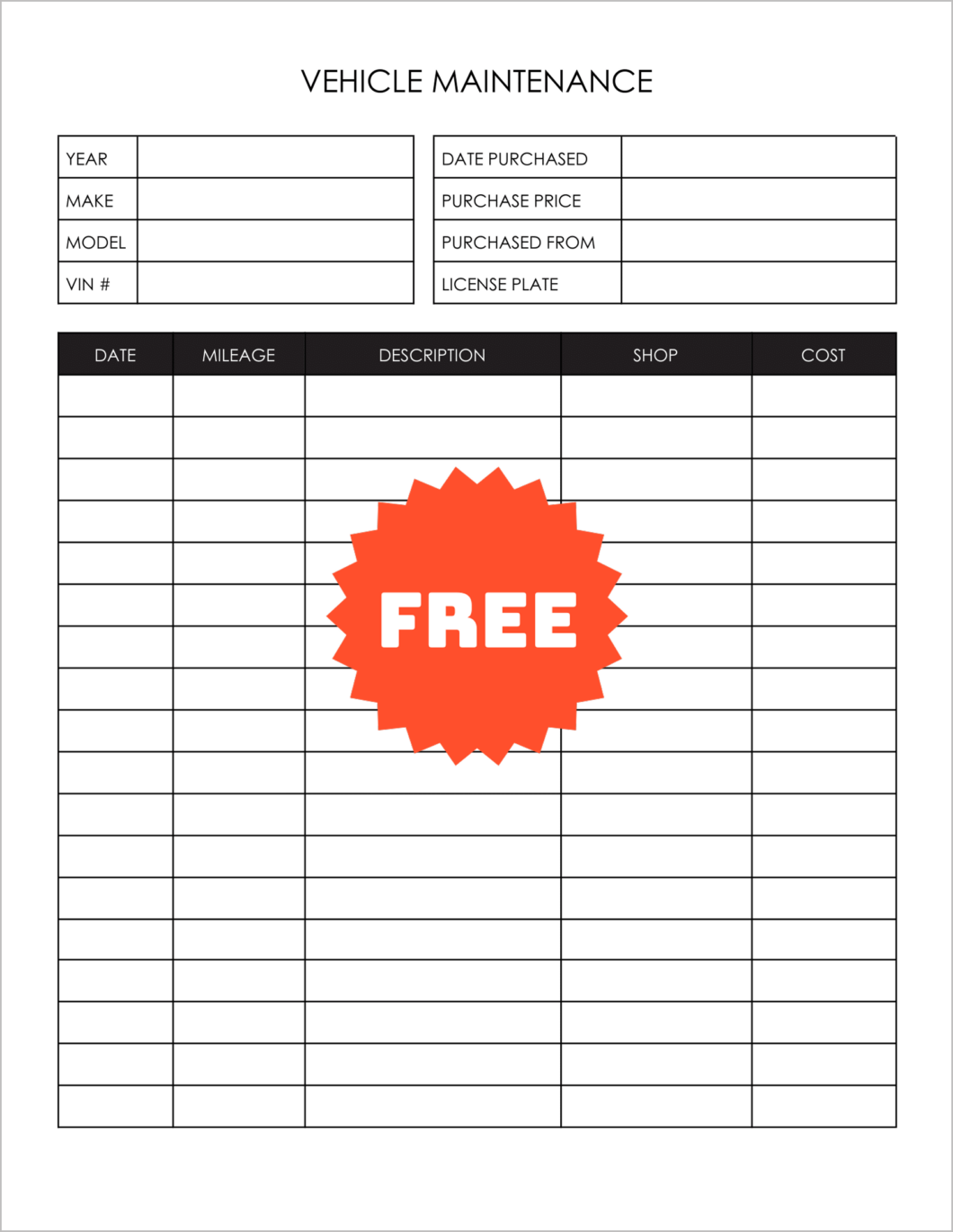 Free Editable Vehicle Maintenance Log Template (Google Docs)