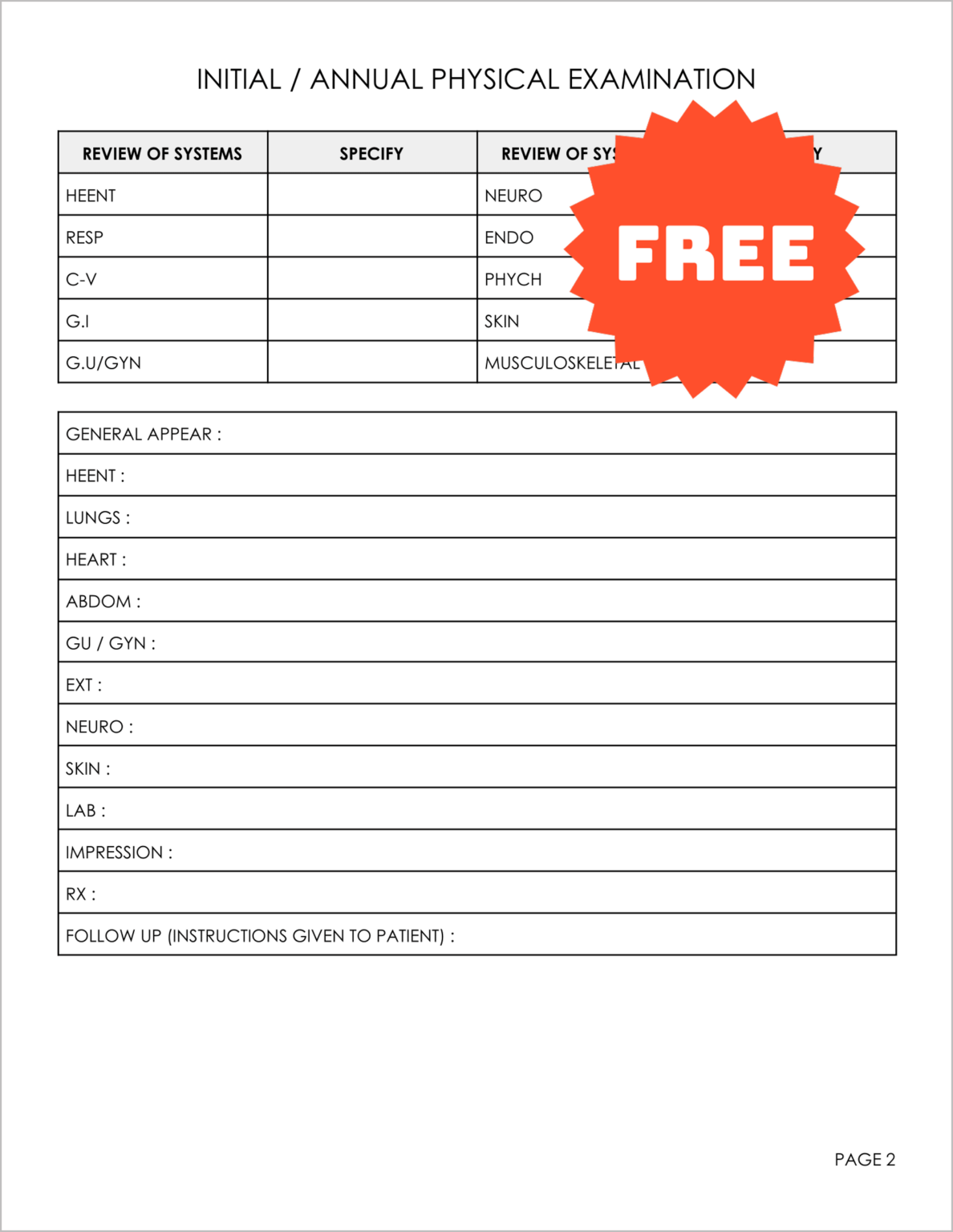 Free Physical Exam Form Template for Google Docs