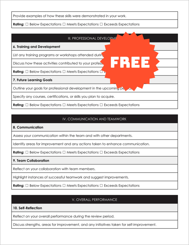 Free Editable Employee Self-Assessment Form Template