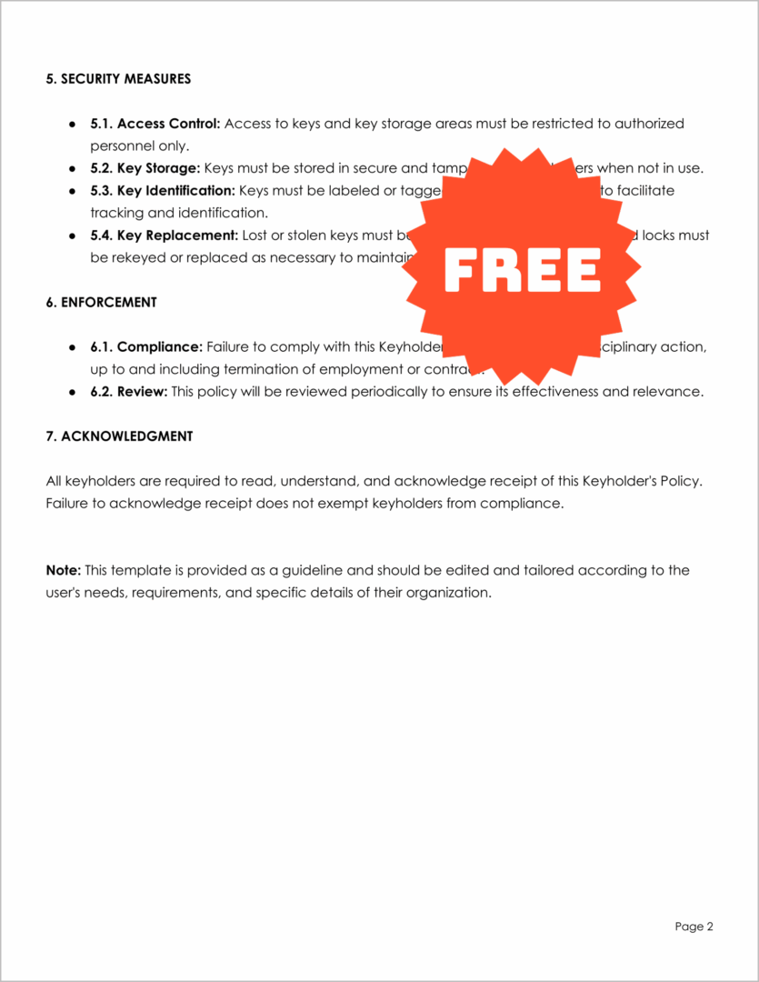 Free Editable Key Holder Policy Template