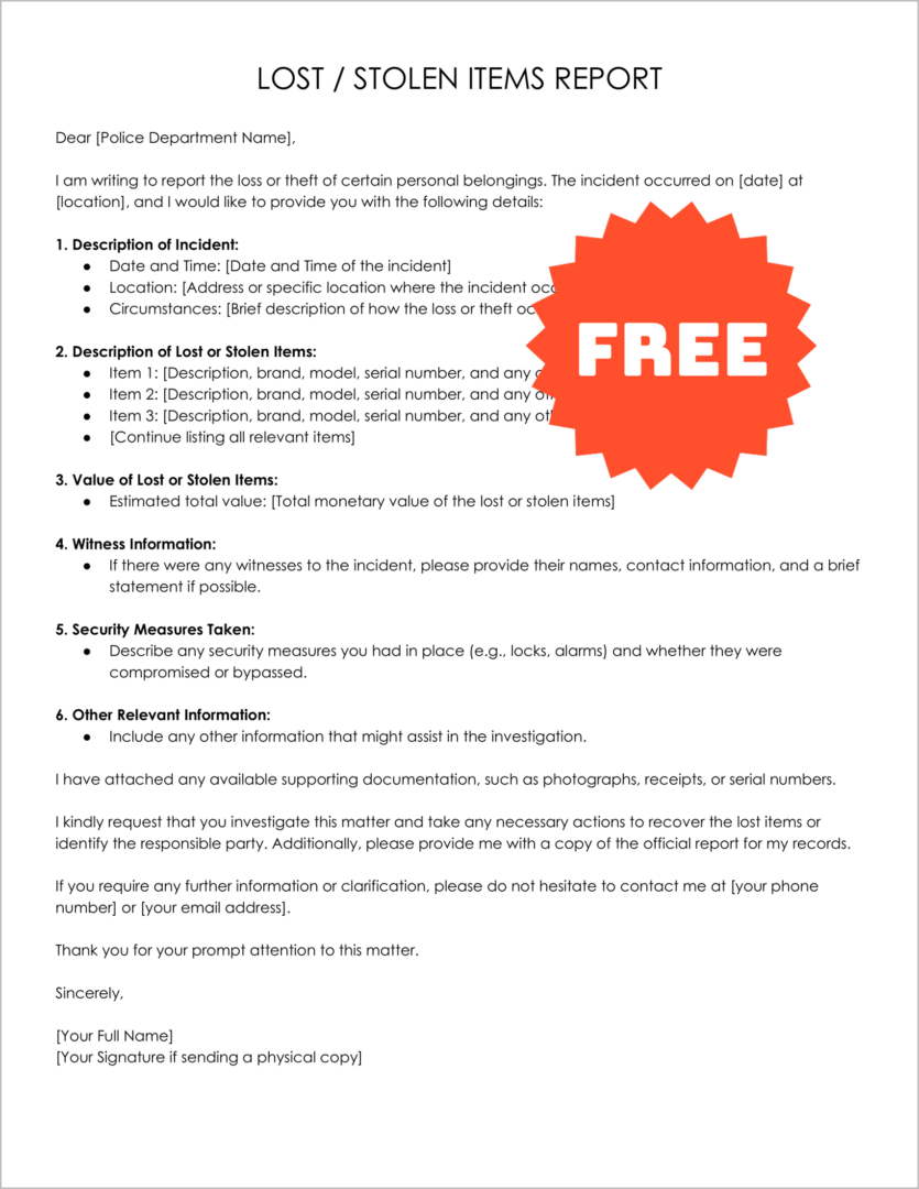 Free Editable Lost or Stolen Items Report Template