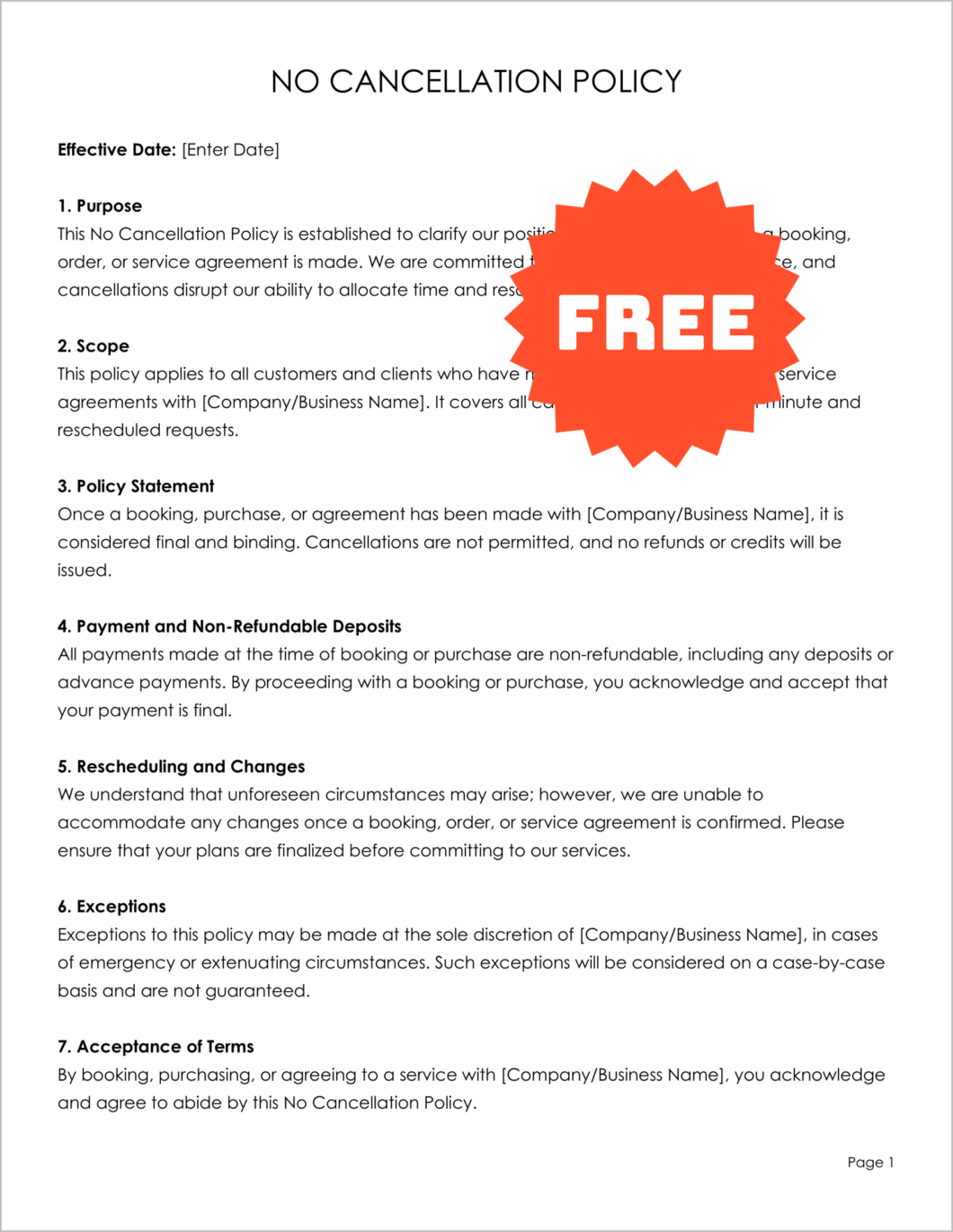 Free Editable No Cancellation Policy Template