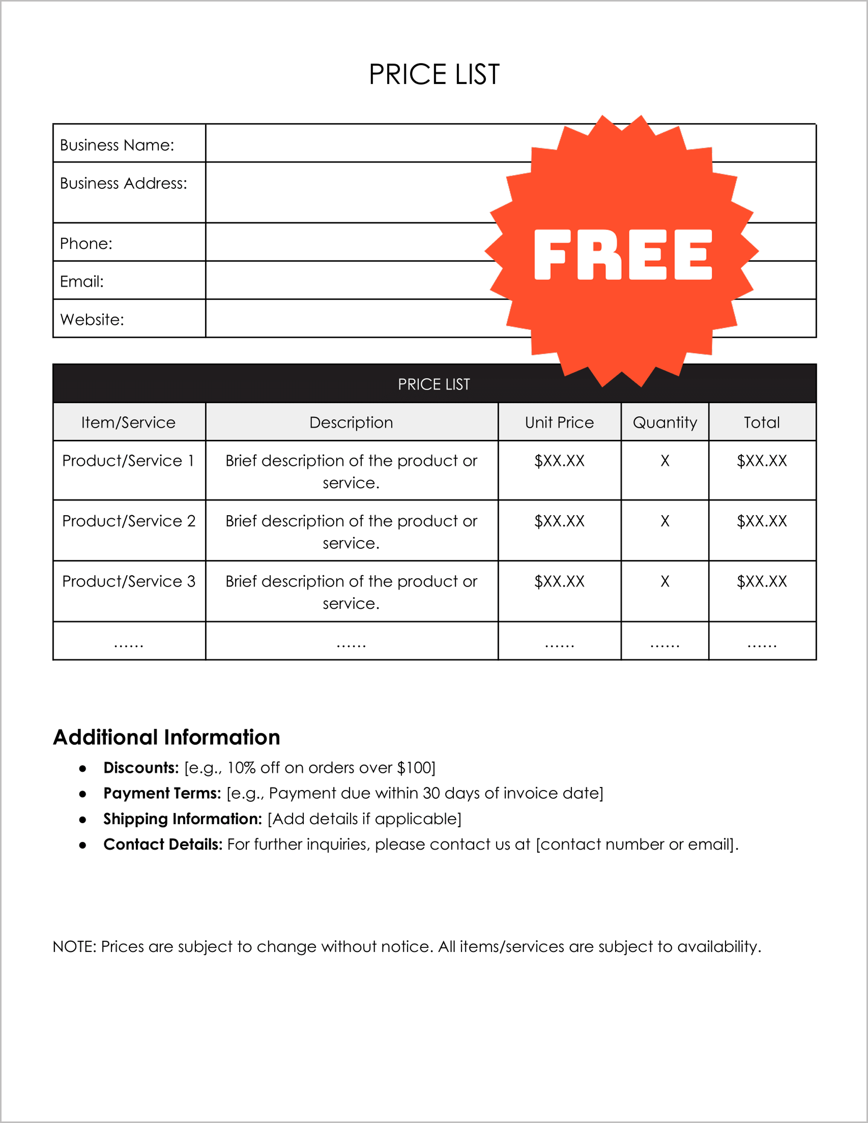 Free Editable Price List Template Free Editable Price List Template