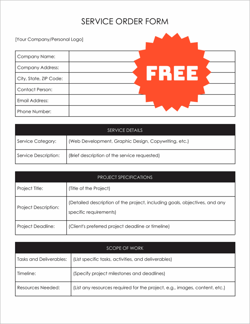 Free Editable Service Order Form Template