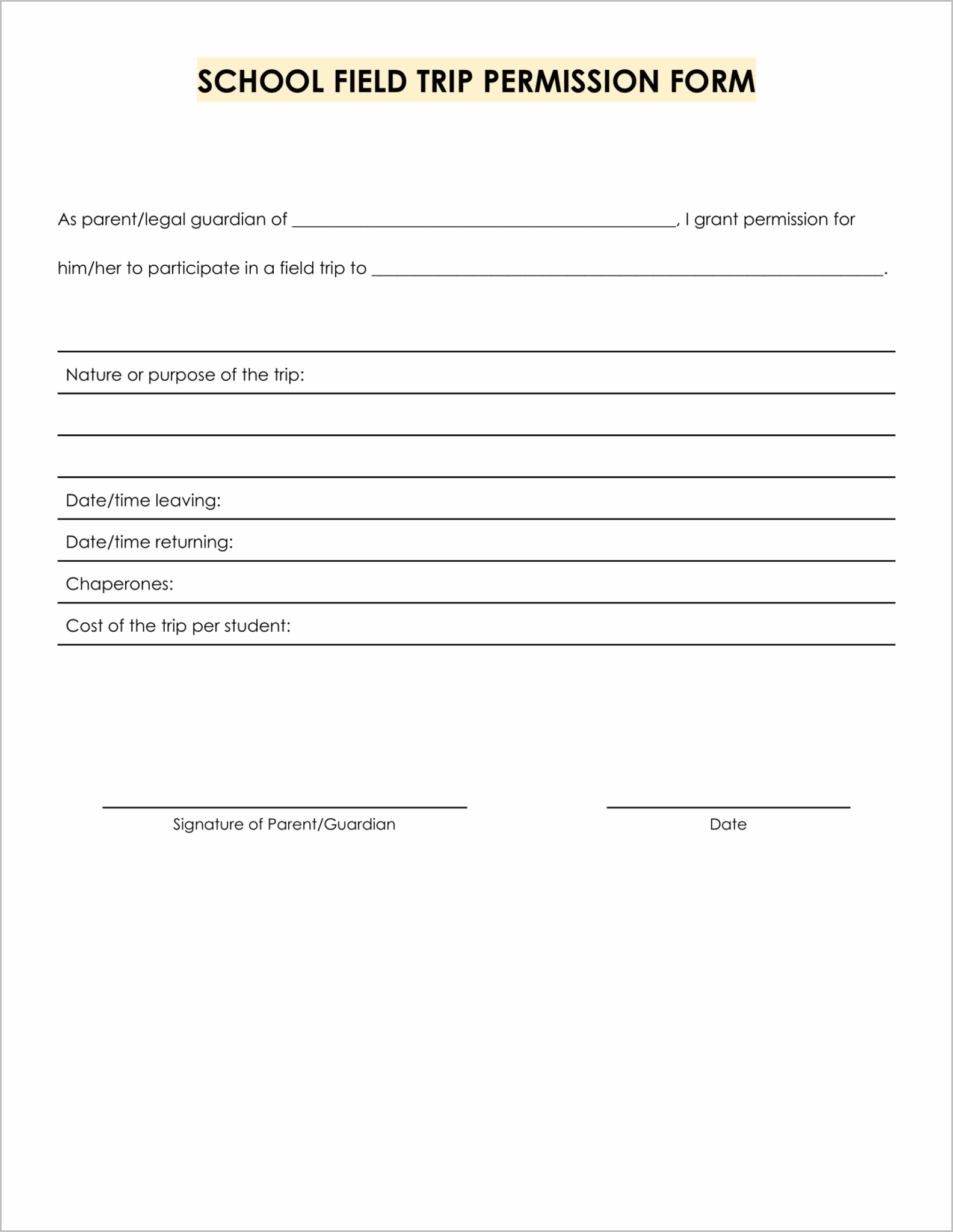 11 Free Permission Slip Templates & Field Trip Forms