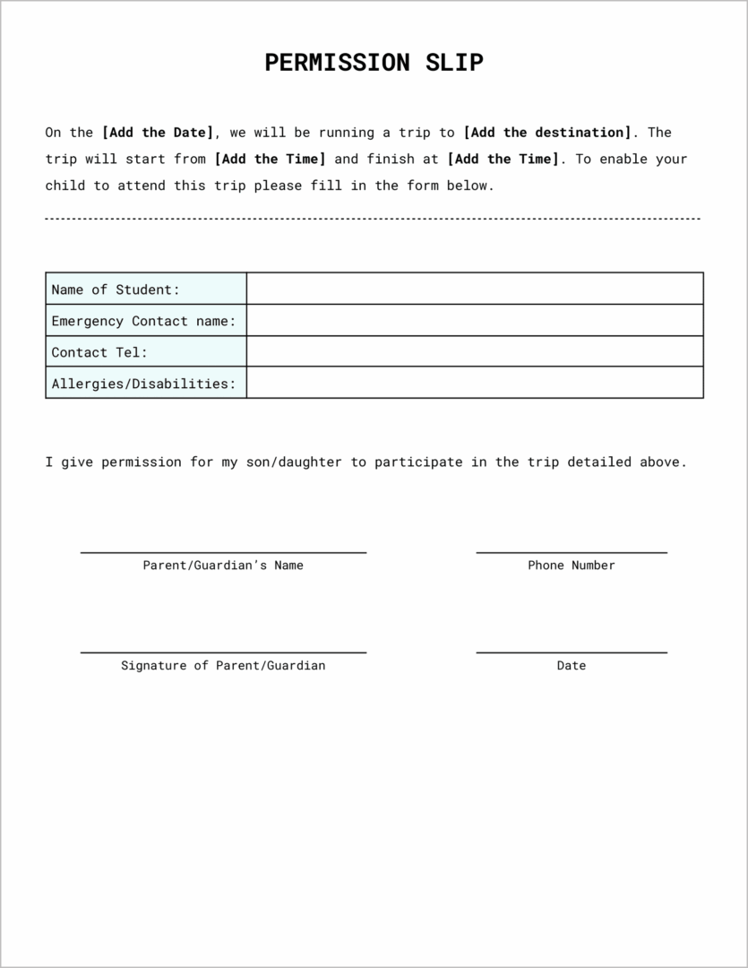 11 Free Permission Slip Templates & Field Trip Forms