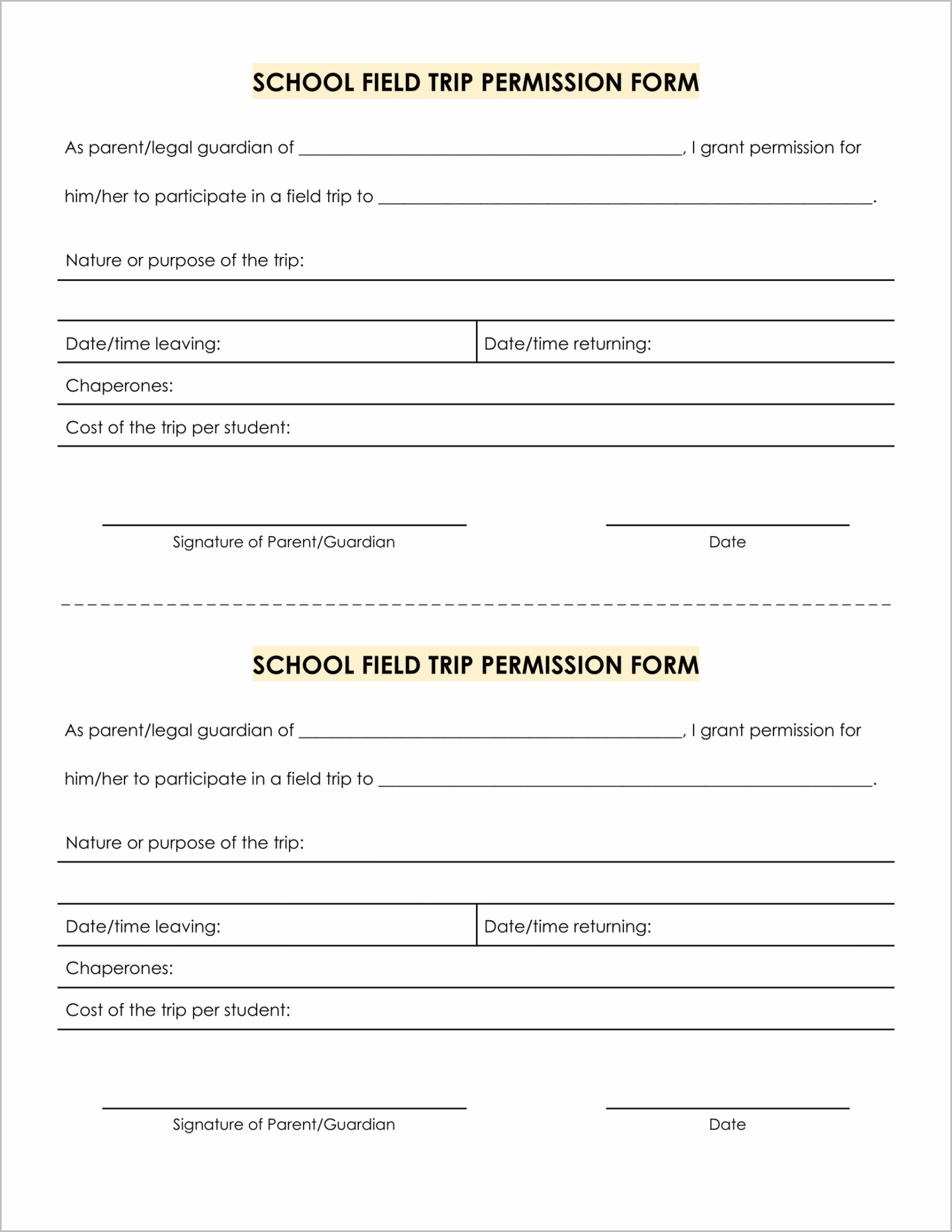 11 Free Permission Slip Templates & Field Trip Forms
