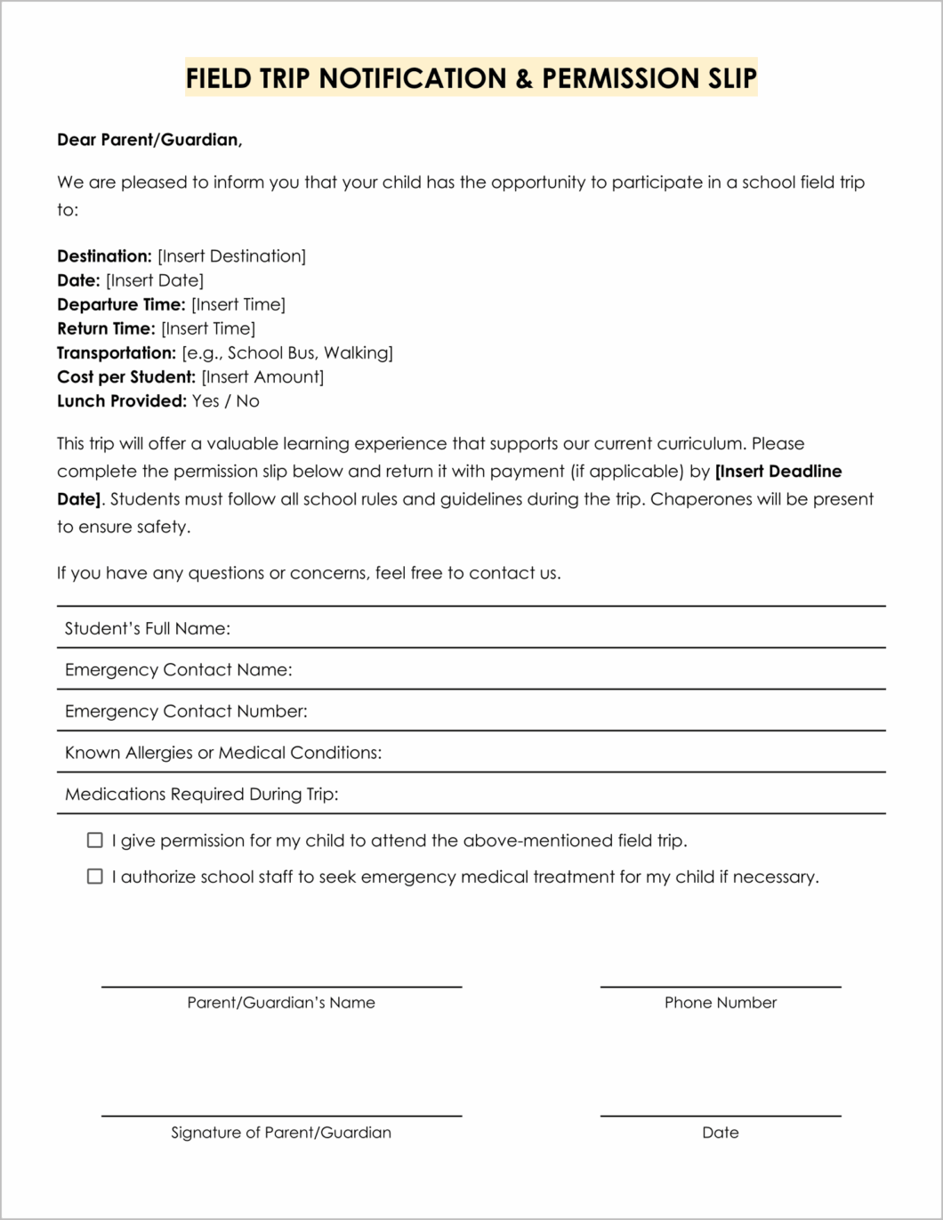 11 Free Permission Slip Templates & Field Trip Forms