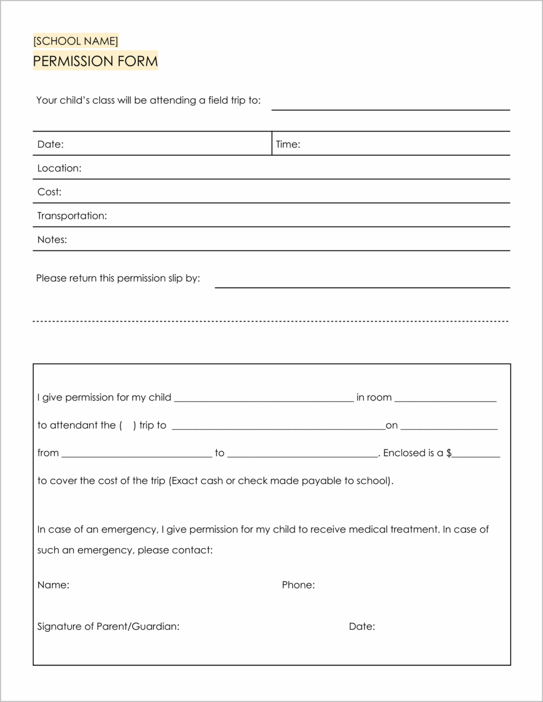 11 Free Permission Slip Templates & Field Trip Forms