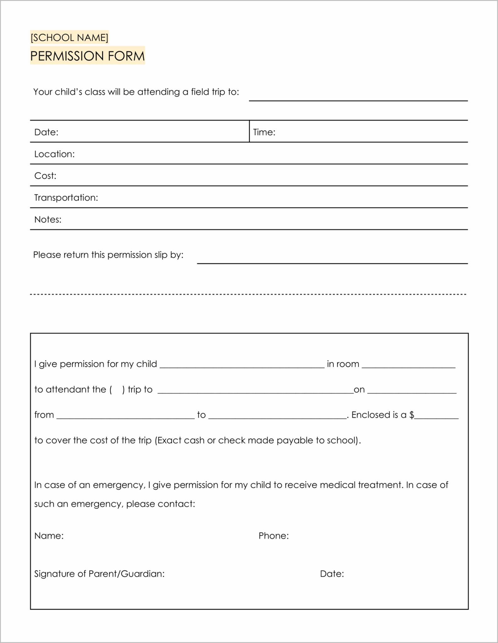 11 Free Permission Slip Templates & Field Trip Forms