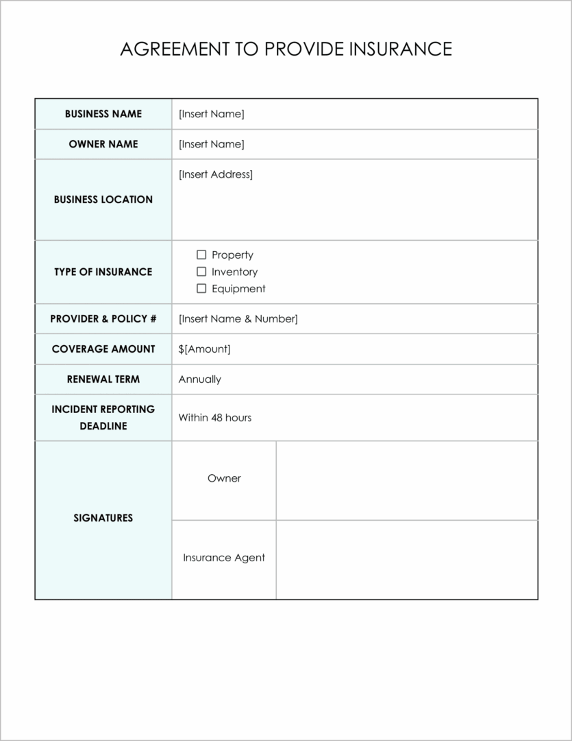 11 Must-Have Free Agreement to Provide Insurance Forms