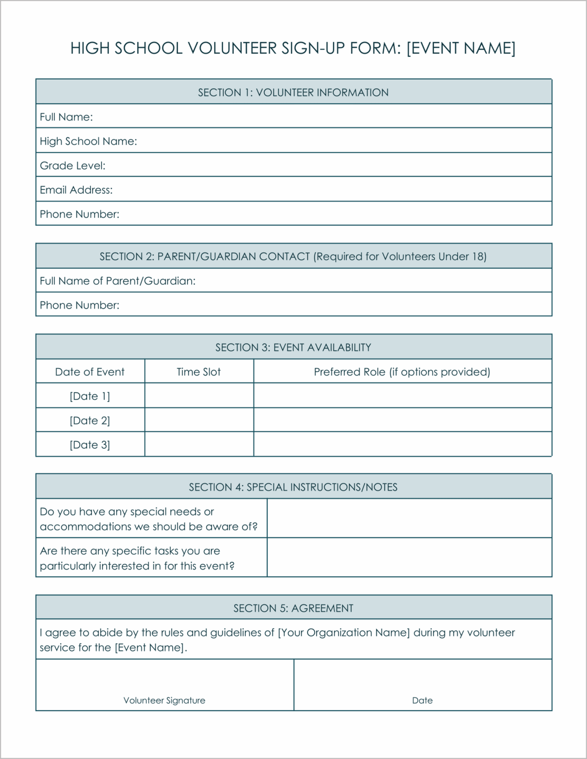 10 Must-Have Free High School Volunteer Form Templates