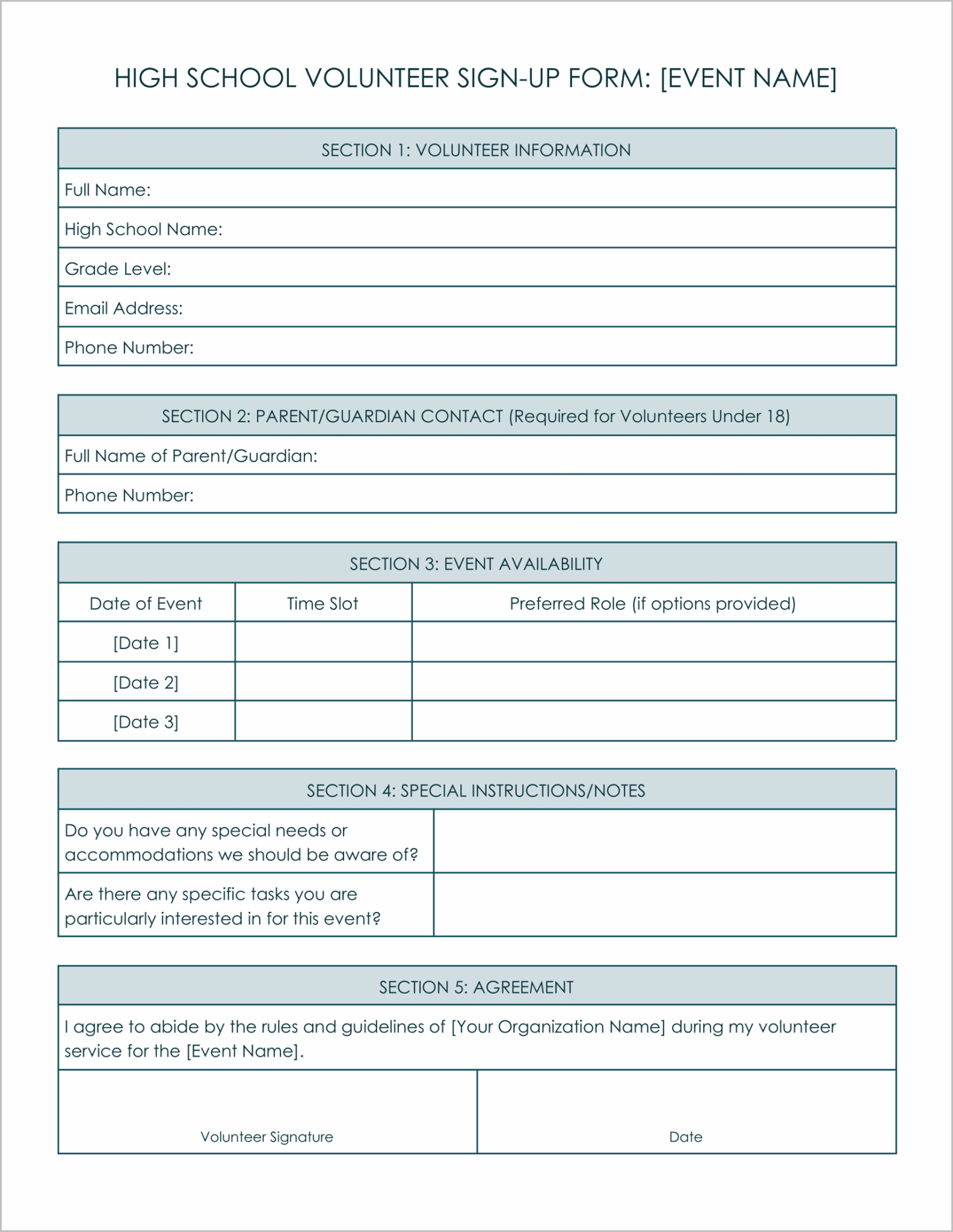 10 Must-Have Free High School Volunteer Form Templates