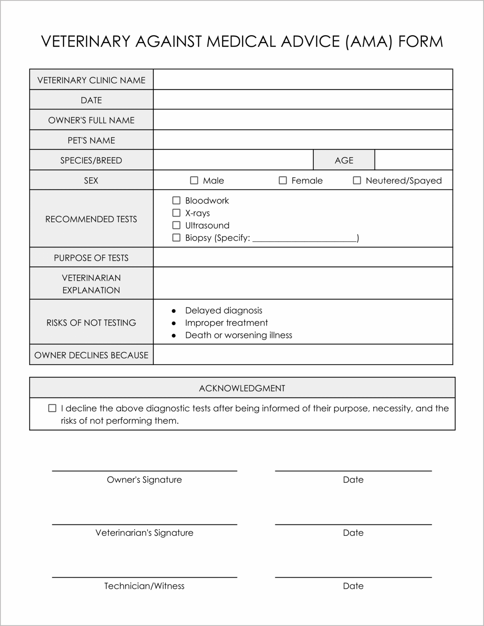 10 Must-Have Free Veterinary Against Medical Advice Forms