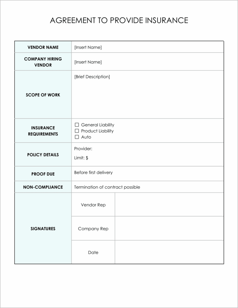 11 Must-Have Free Agreement to Provide Insurance Forms