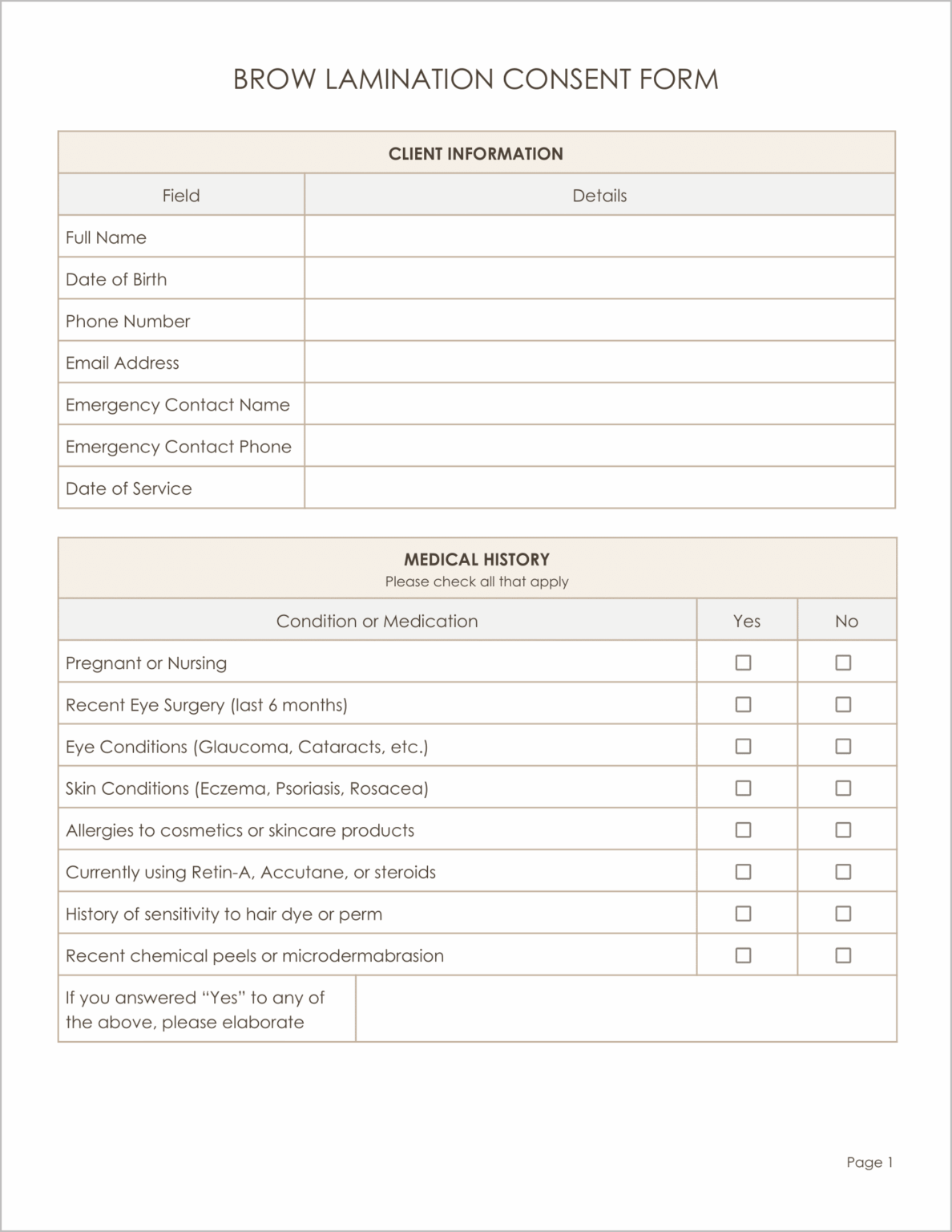 Free Brow Lamination Consent Form (No Signup Required)