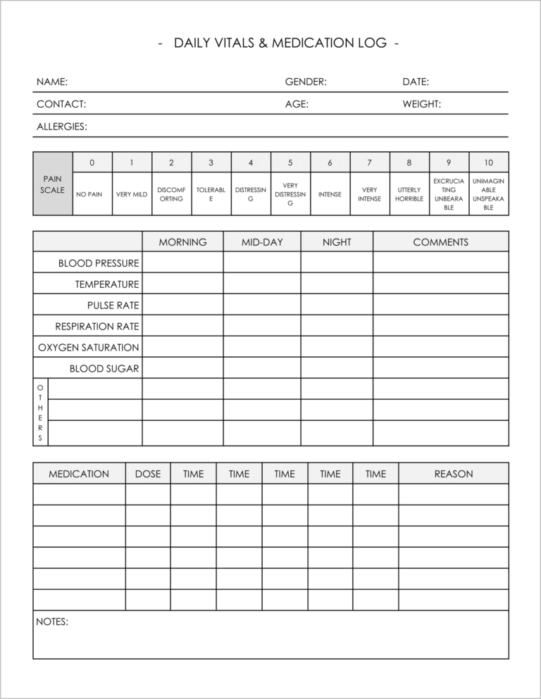 5 Free Printable Vital Signs Log Sheets (PDF)