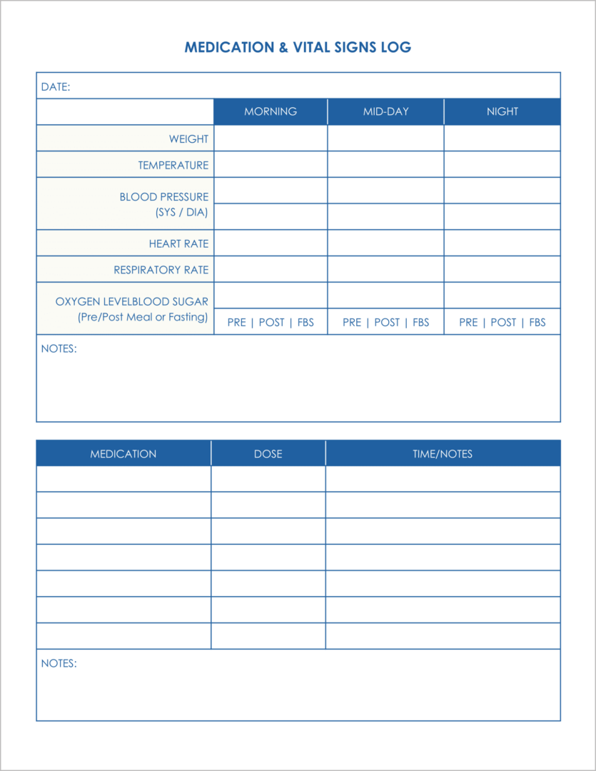 5 Free Printable Vital Signs Log Sheets (PDF)