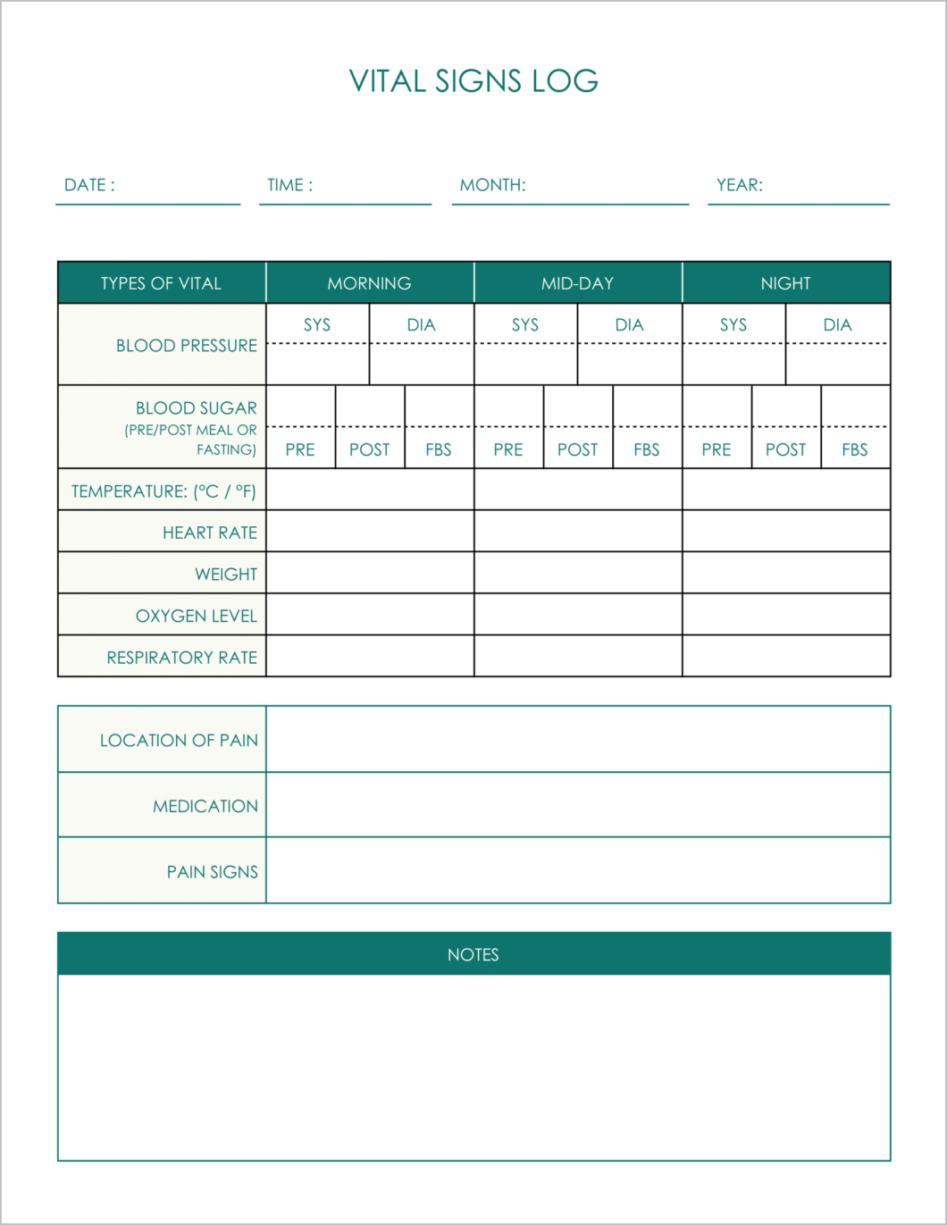 5 Free Printable Vital Signs Log Sheets (PDF)