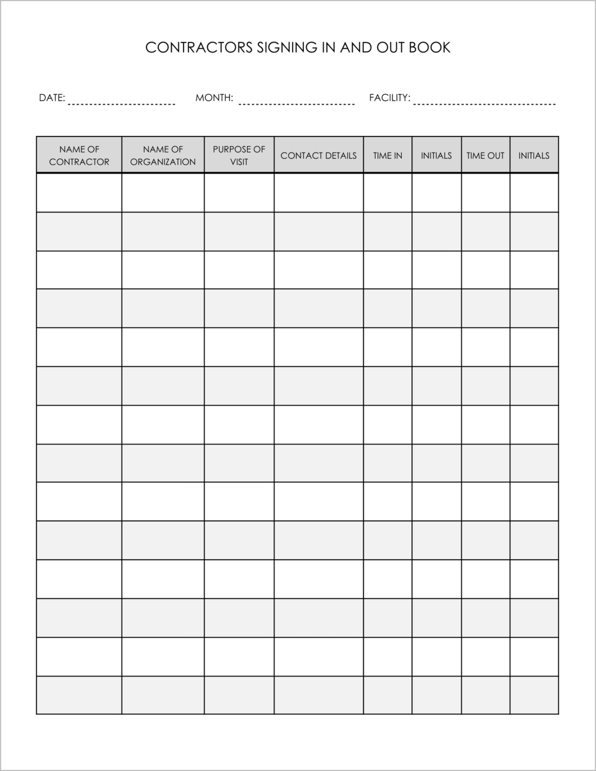 5 Free Contractors Signing In and Out Log Templates (PDF)