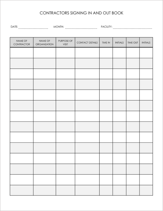 5 Free Contractors Signing In and Out Log Templates (PDF)