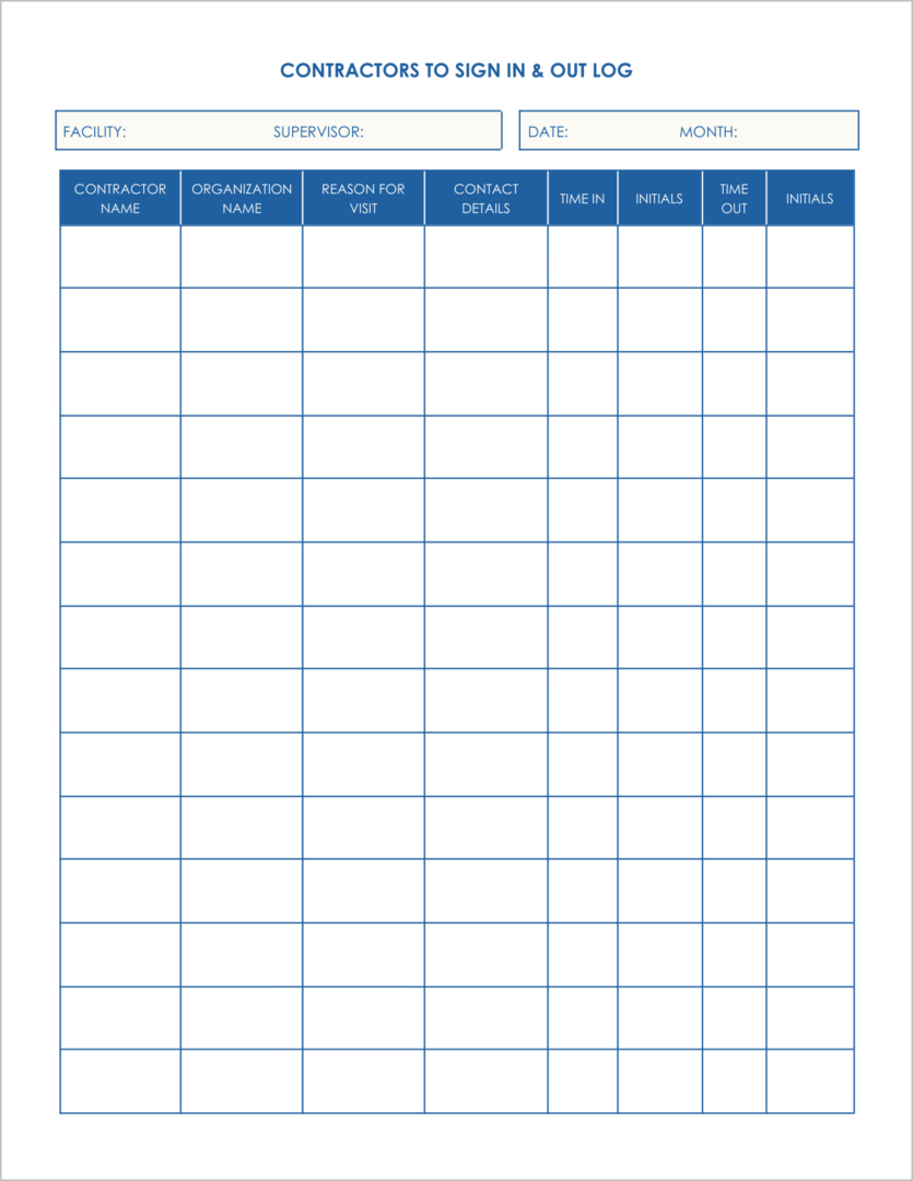 5 Free Contractors Signing In and Out Log Templates (PDF)