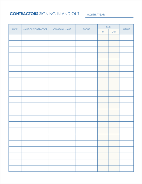 5 Free Contractors Signing In and Out Log Templates (PDF)