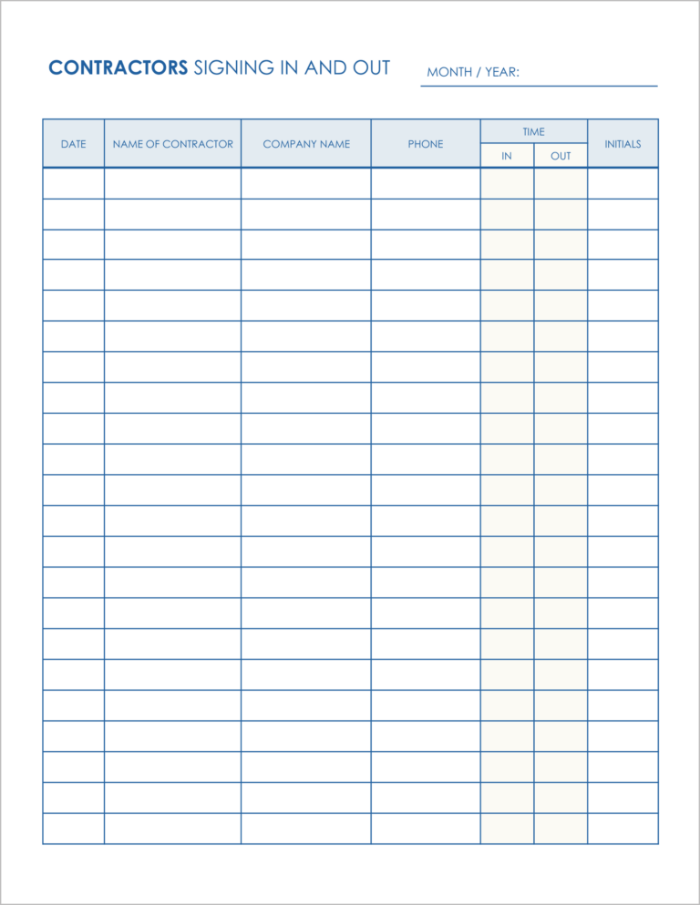 5 Free Contractors Signing In and Out Log Templates (PDF)