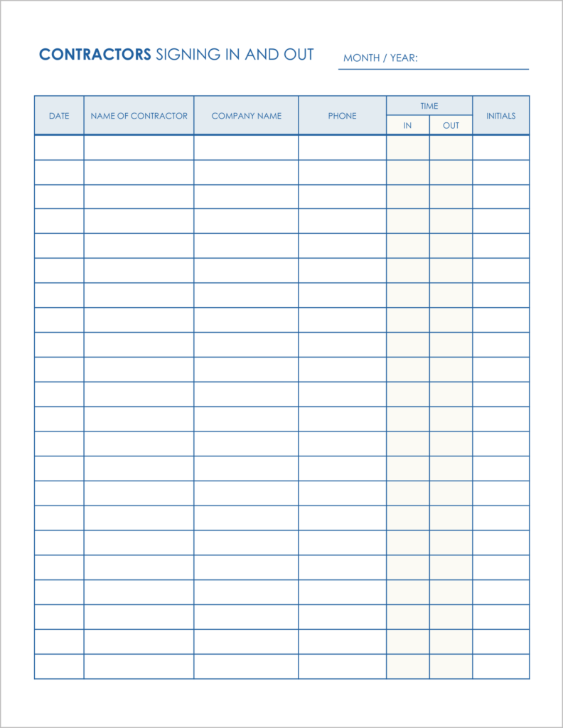 5 Free Contractors Signing In and Out Log Templates (PDF)