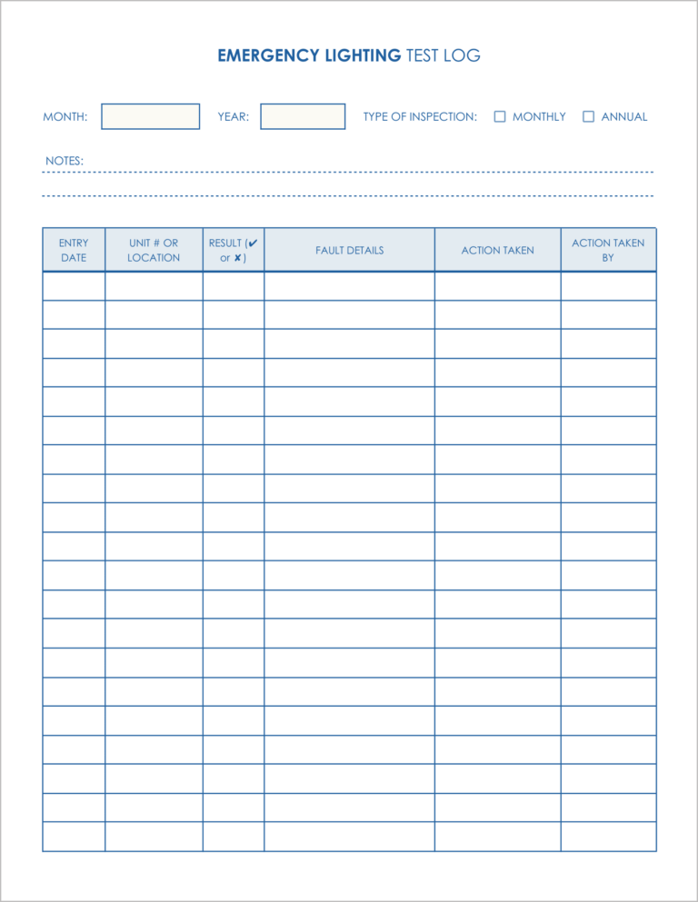 5 Free Emergency Lighting Log Templates (PDF)