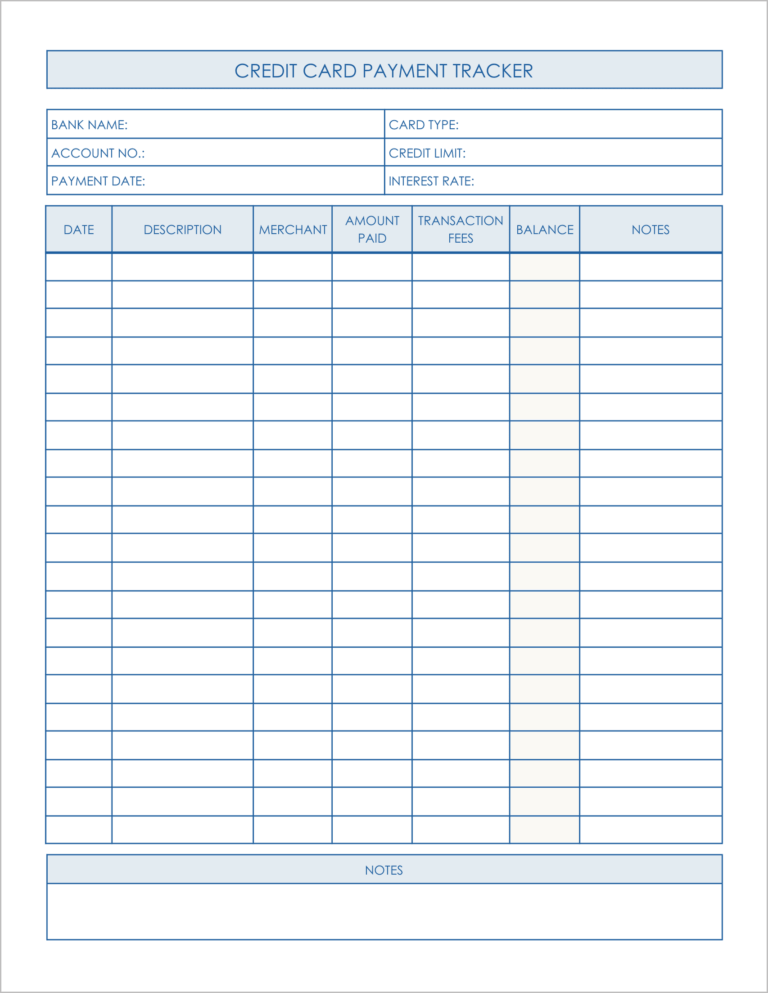 5 Free Credit Card Payment Tracker Log Templates (PDF)
