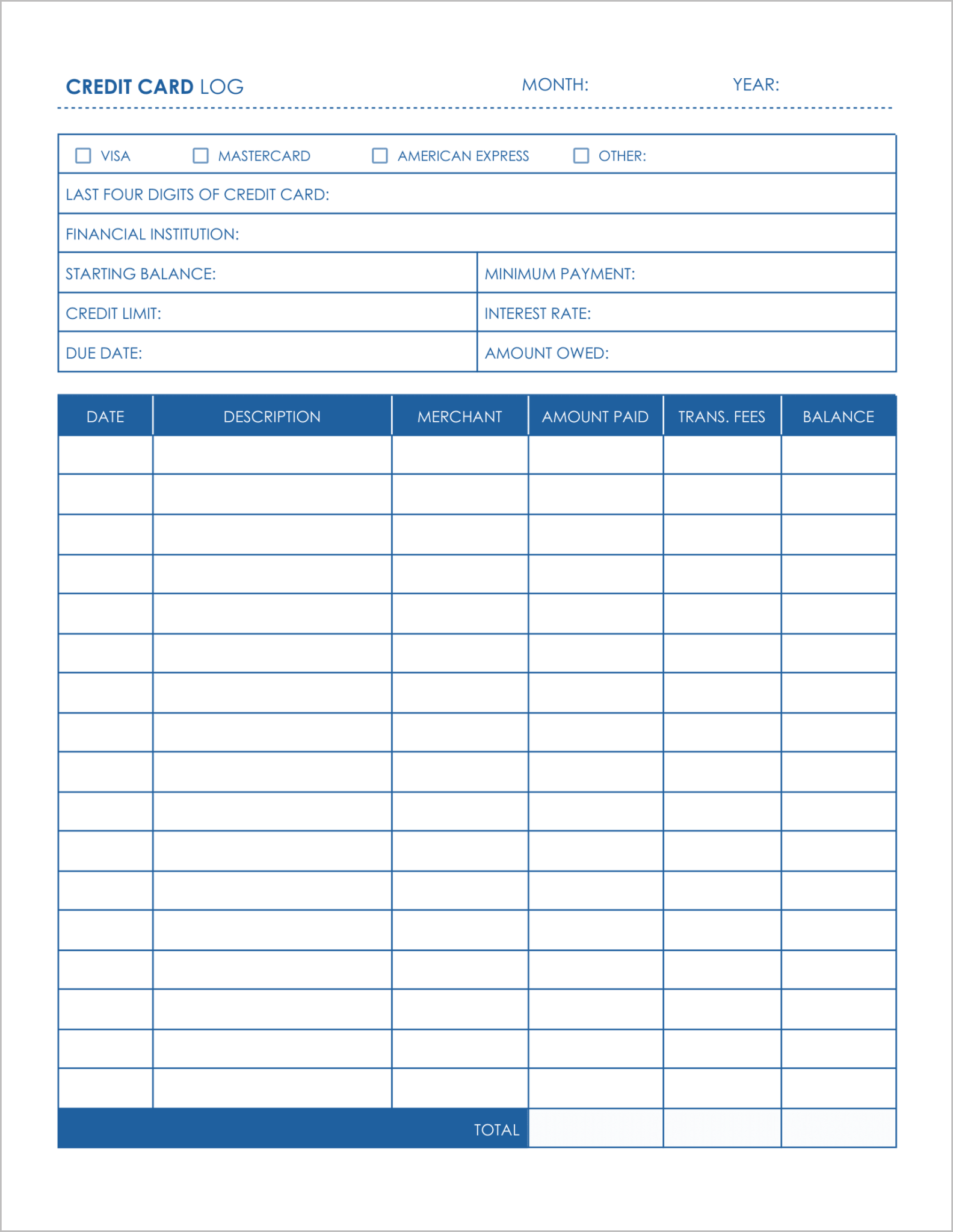 5 Free Credit Card Payment Tracker Log Templates (PDF)
