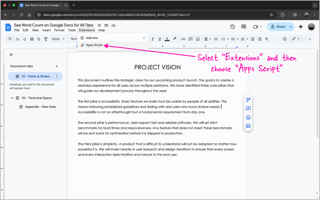 How to See Word Count on Google Docs for All Tabs