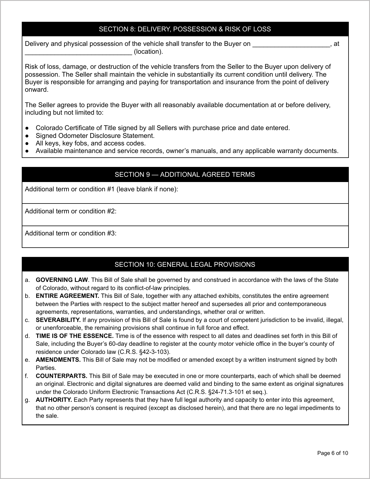 Free Colorado Motor Vehicle Bill of Sale Template (No Signup)