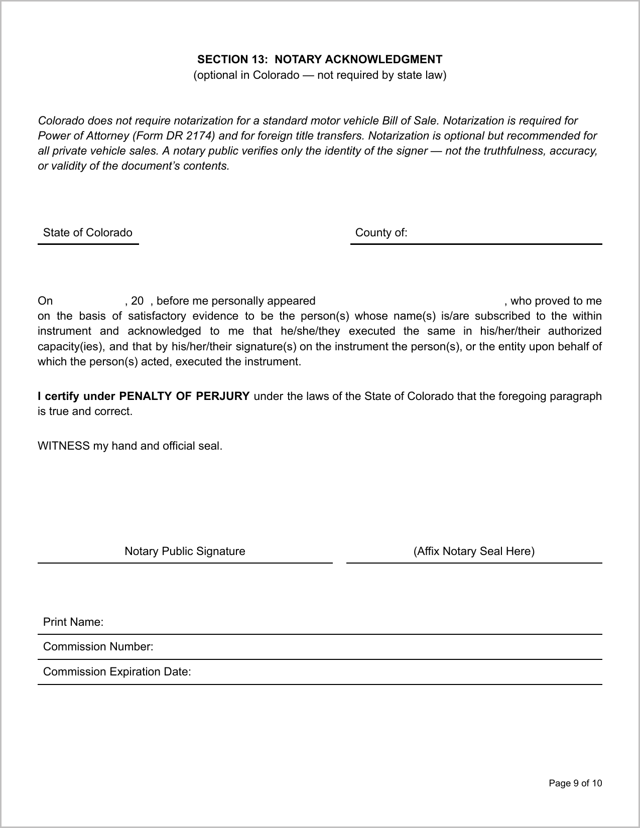 Free Colorado Motor Vehicle Bill of Sale Template (No Signup)