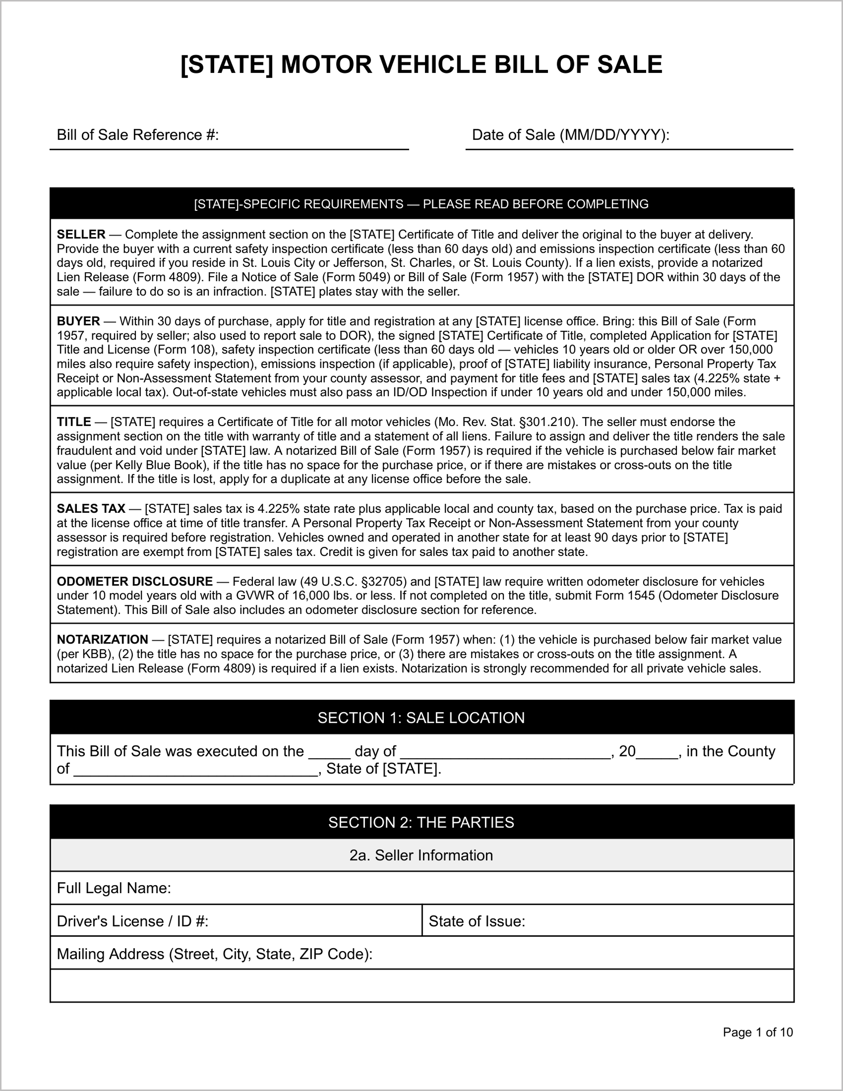 Free Motor Vehicle Bill of Sale Template (All 50 States)