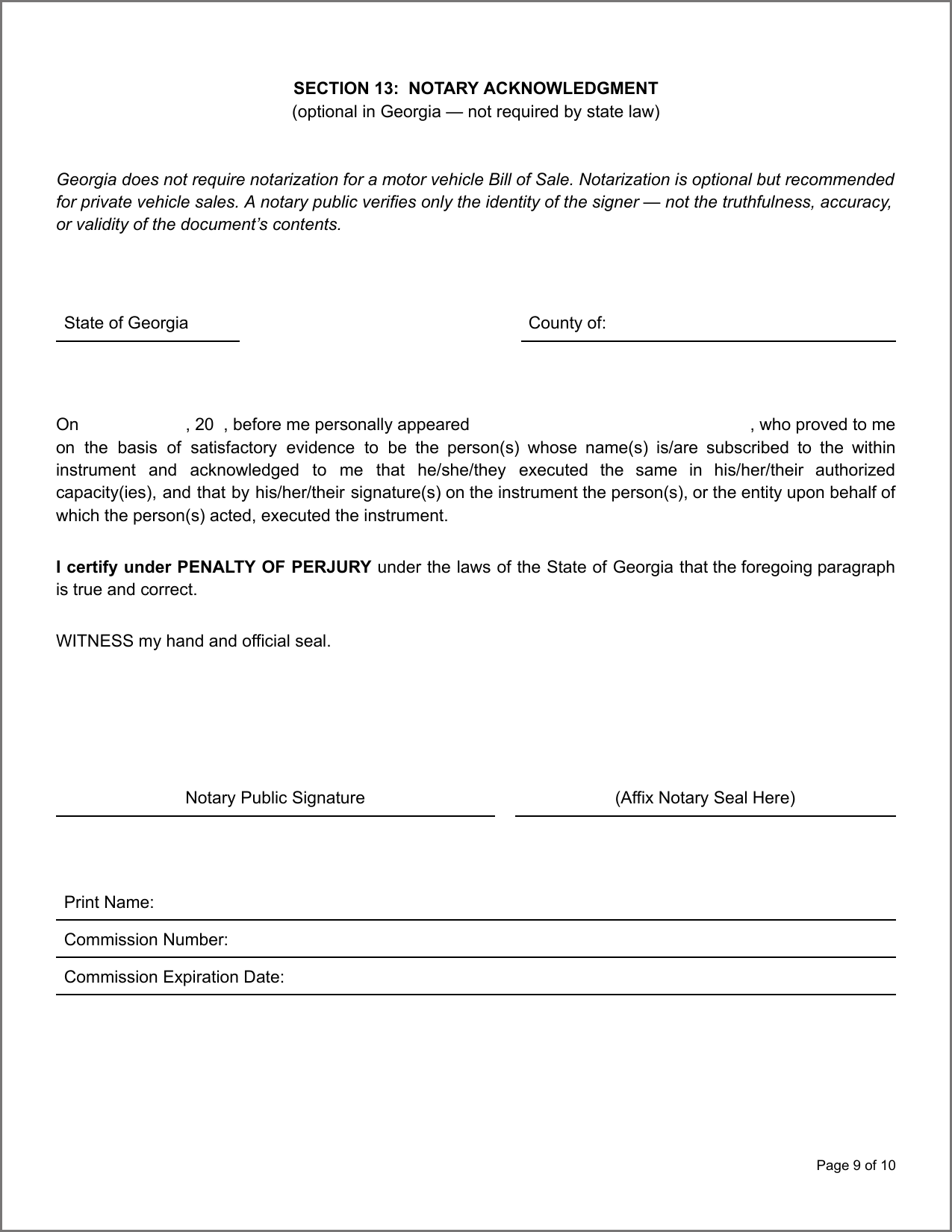 Free Georgia Motor Vehicle Bill of Sale Template (No Signup)