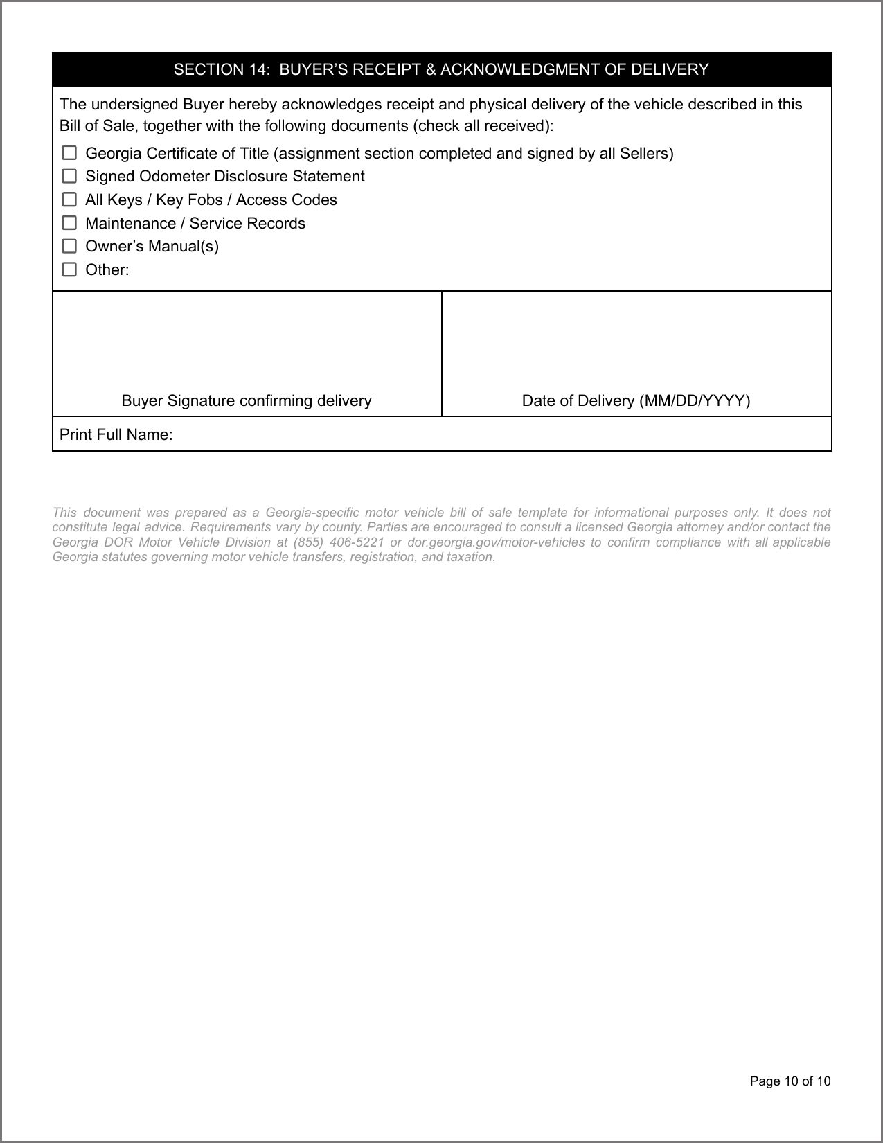 Free Georgia Motor Vehicle Bill of Sale Template (No Signup)