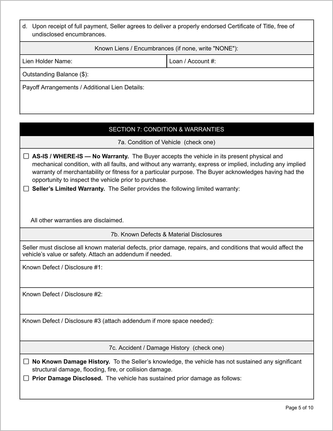 Free Minnesota Motor Vehicle Bill of Sale Template (No Signup)