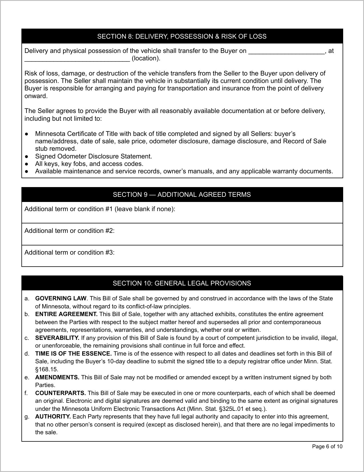 Free Minnesota Motor Vehicle Bill of Sale Template (No Signup)